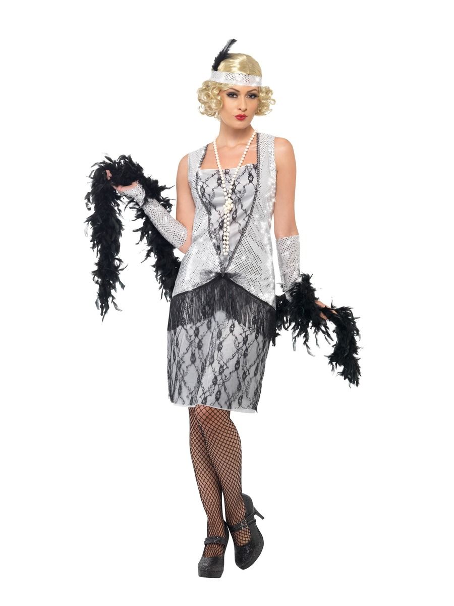 Costum rochie argintie anii 20 Flapper cu manusi