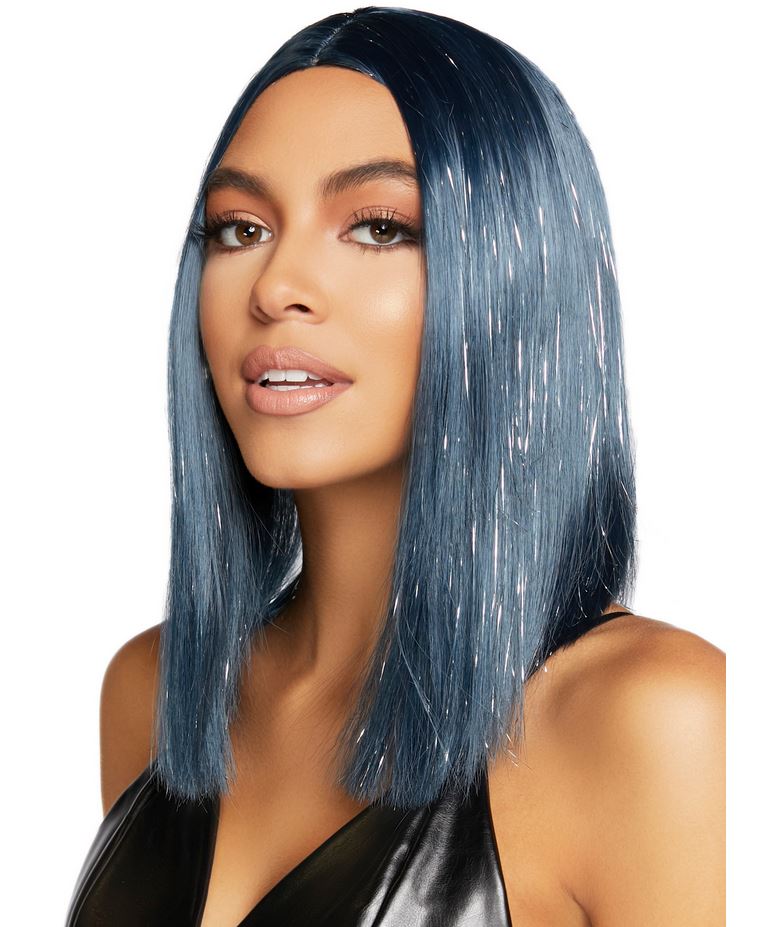 Peruca bob lung albastru cenusiu cu fire argintii