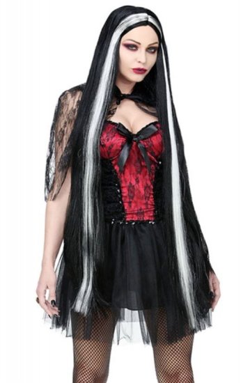 Peruca neagra extra lunga cu suvite albe